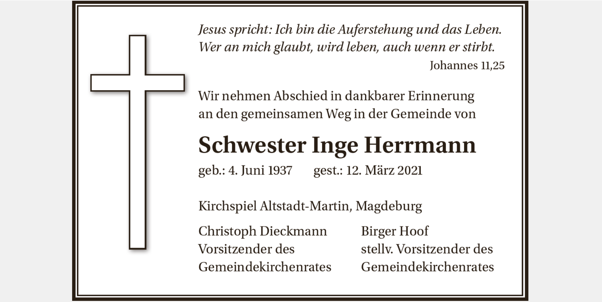 Traueranzeige: Schwester Inge Herrmann - Magdeburg