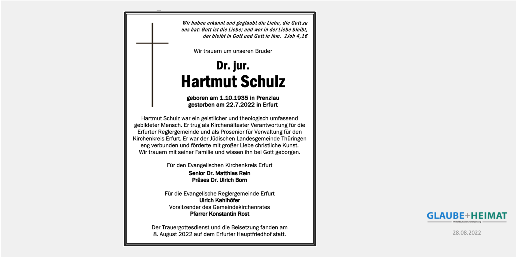 Traueranzeige: Dr. jur. Hartmut Schulz - Erfurt