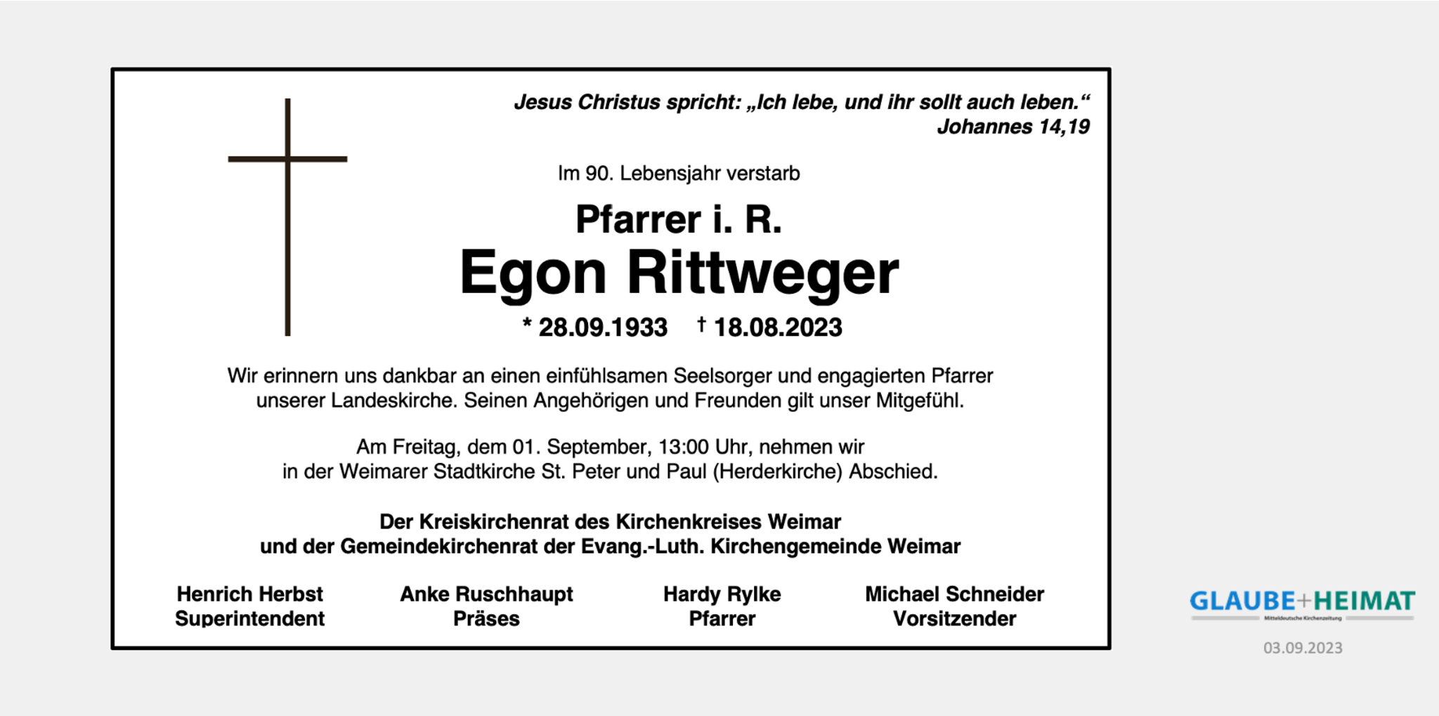 Traueranzeige: Pfarrer i. R. Egon Rittweger
