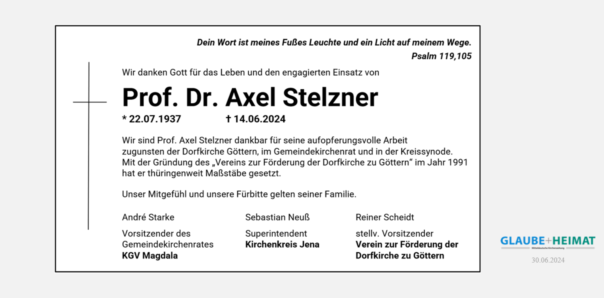 Traueranzeige: Prof. Dr. Axel Stelzner