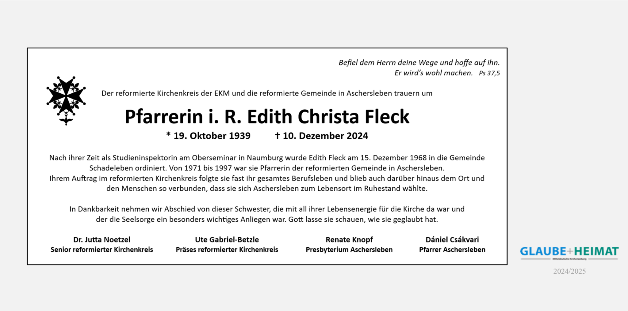 Traueranzeige: Pfarrerin i. R. Edith Christa Fleck