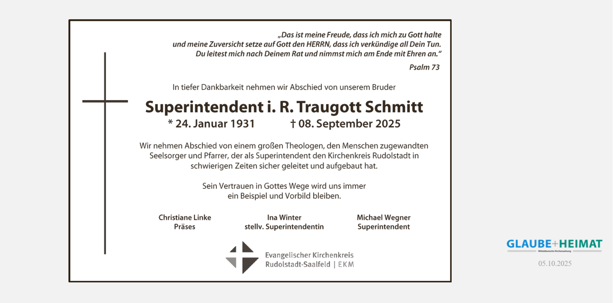 Traueranzeige: Superintendent i. R. Herr Traugott Schmitt